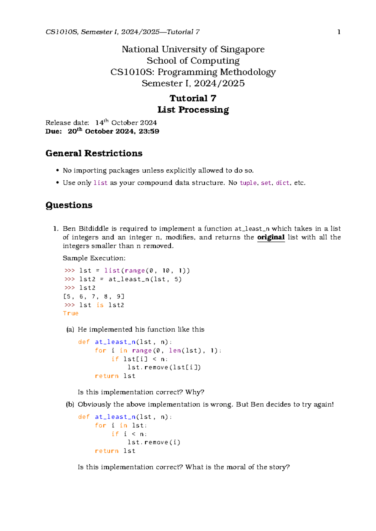Tut07 - Practice - CS1010S, Semester I, 2024/2025—Tutorial 7 1 National University of Singapore ...