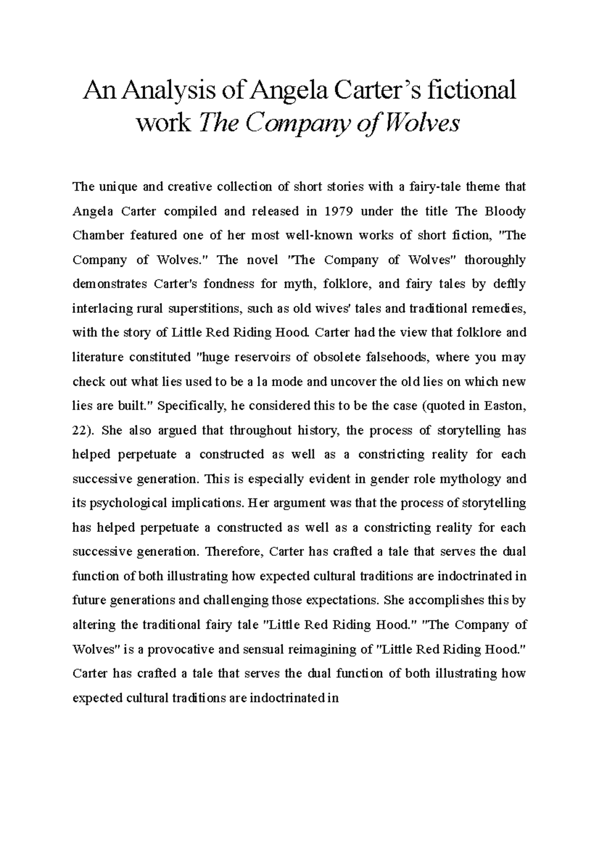 An Analysis of Angela Carter’s fictional work The Company of Wolves ...