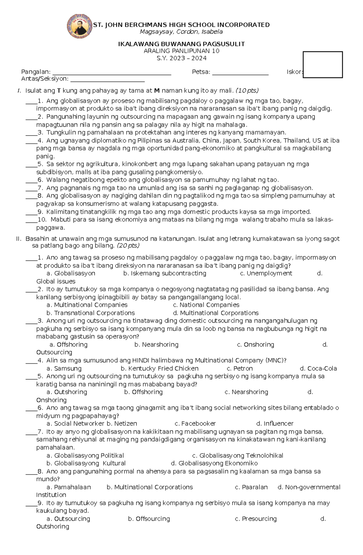 AP10 2ND Monthly TEST - a summative test for grade 10 students - ST ...