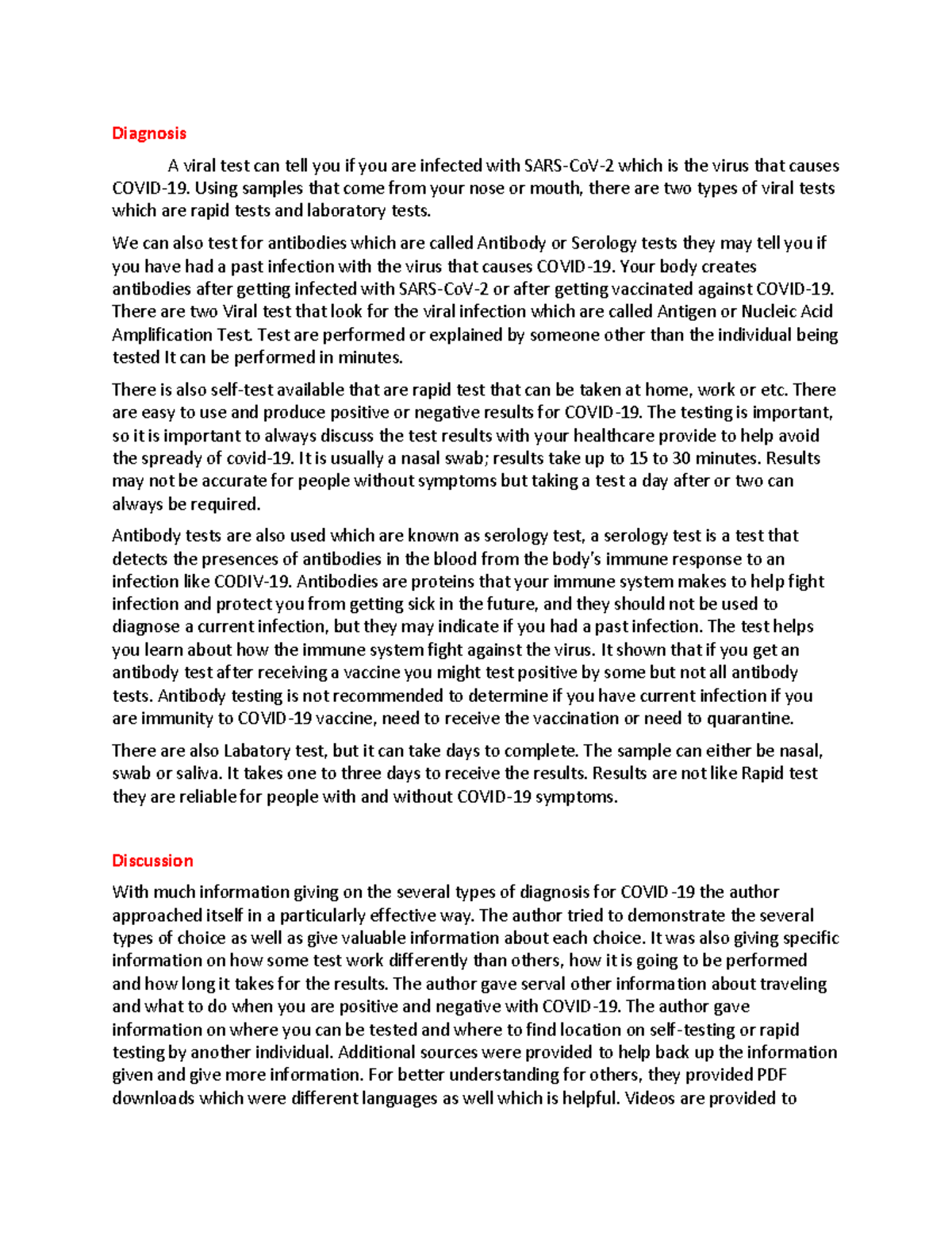 Research paper - Lecture notes - Diagnosis A viral test can tell you if ...