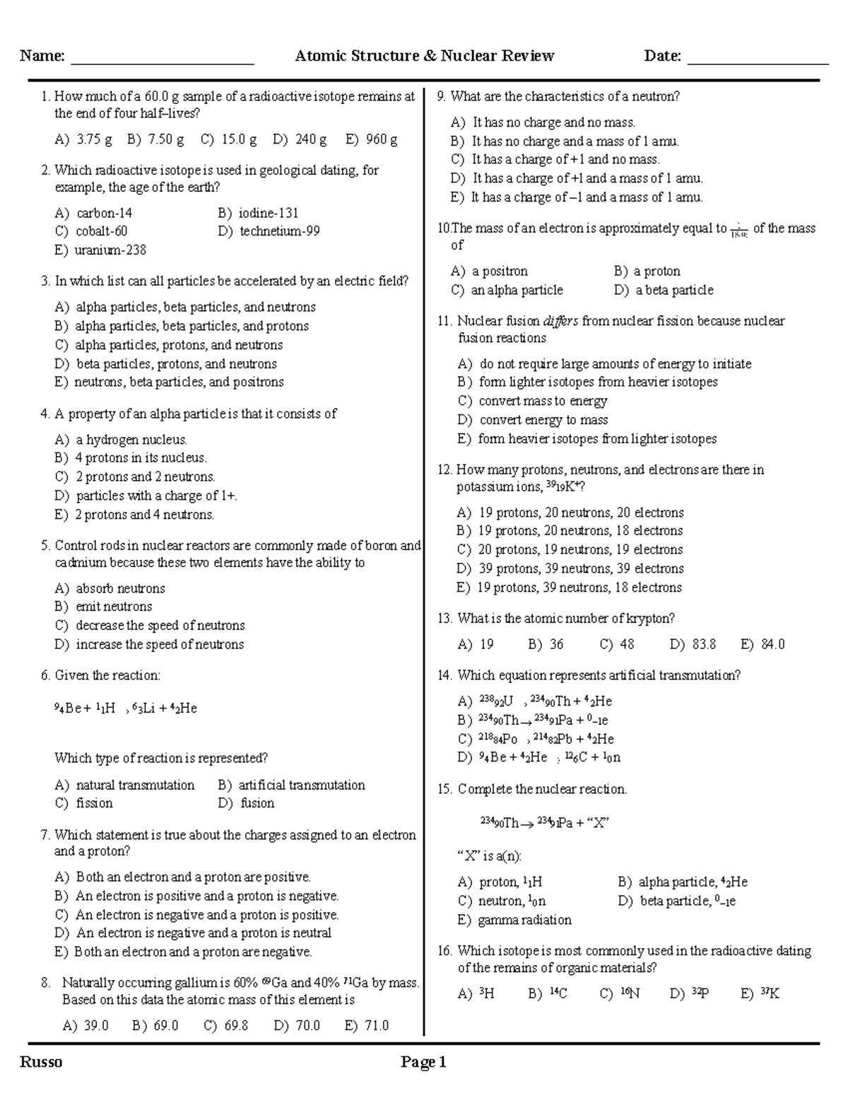 Atomic Structure & Nuclear Review - Name: ______________________ Atomic ...