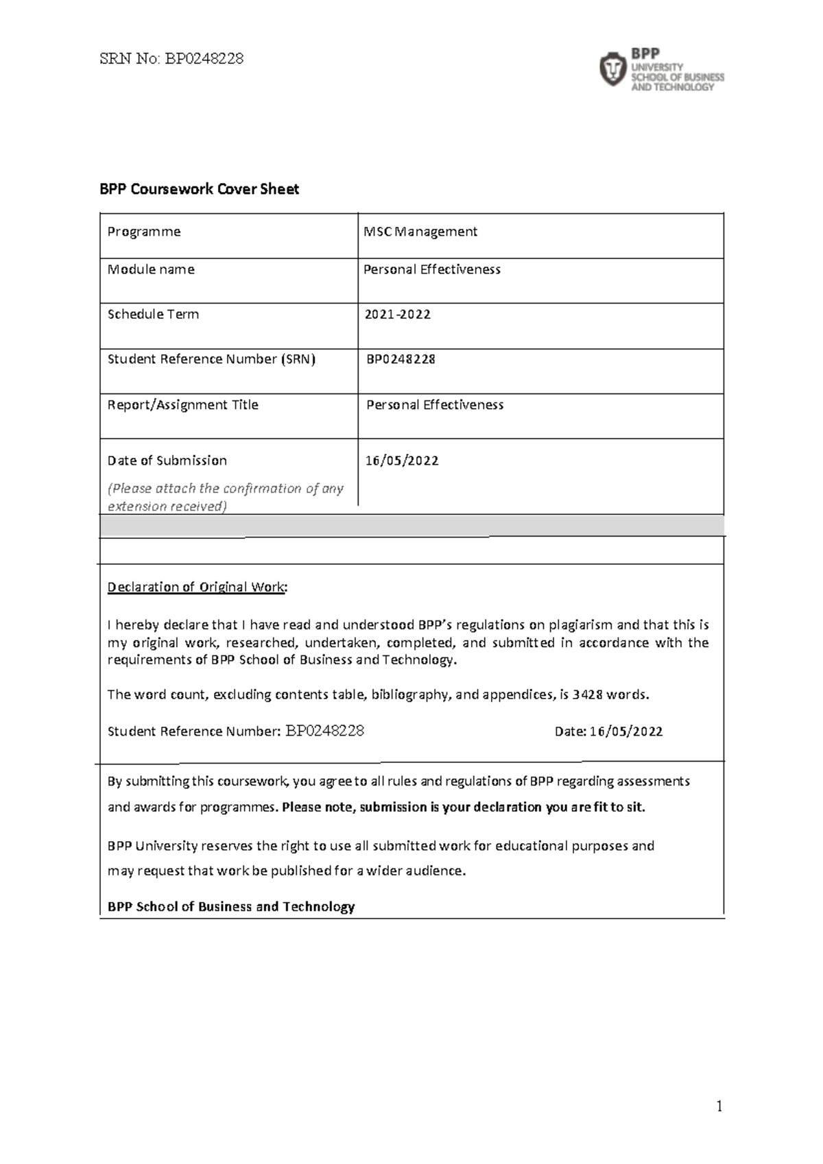 PE Sunila - Assignments - BPP Coursework Cover Sheet Programme MSC Management Module name ...