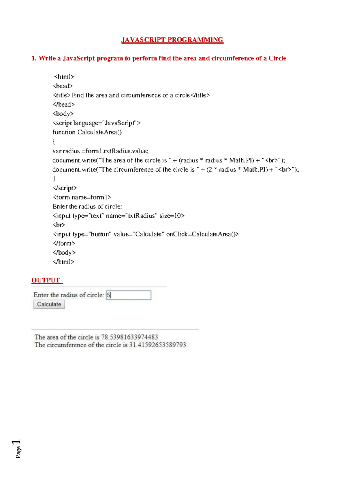 Js and php code - Lab for bca 5 th sem - JAVASCRIPT PROGRAMMING Write a JavaScript program to ...