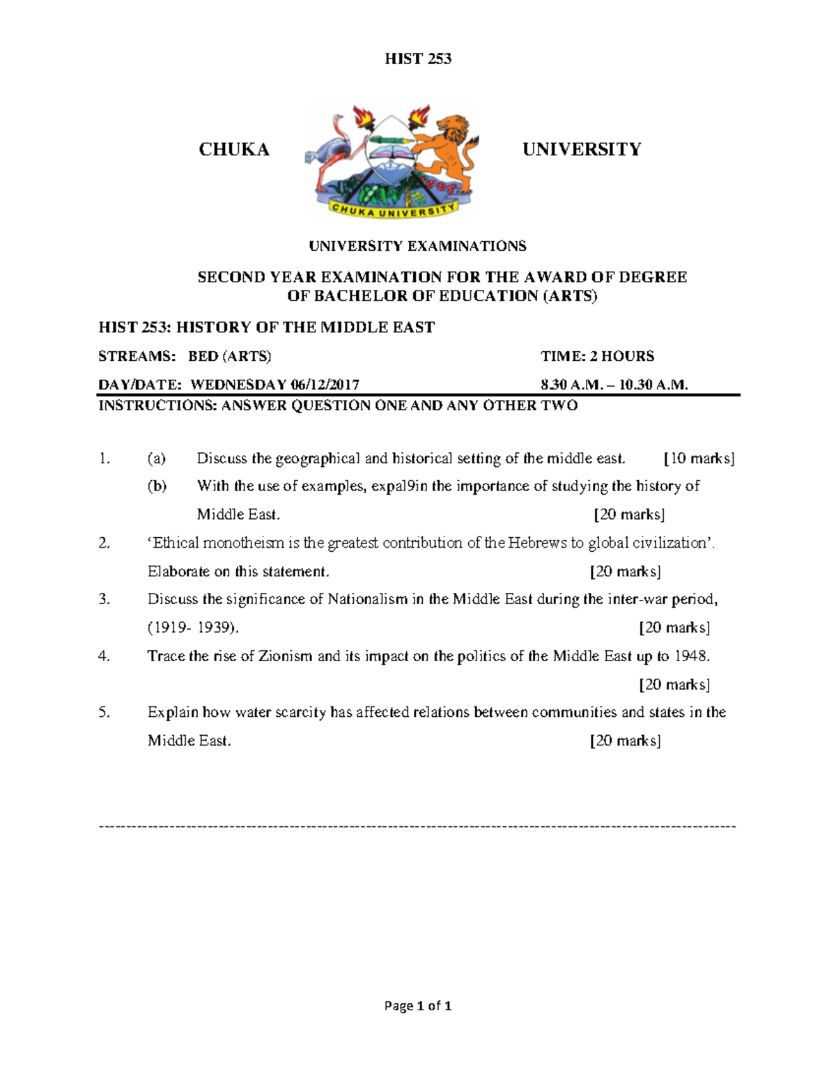 HIST 211 past paper - HIST 253 Page 1 of 1 CHUKA UNIVERSITY UNIVERSITY ...
