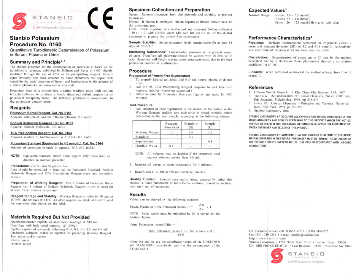 Stanbio Potassium - Good luck! - Clinical Chemistry 2 - Studocu