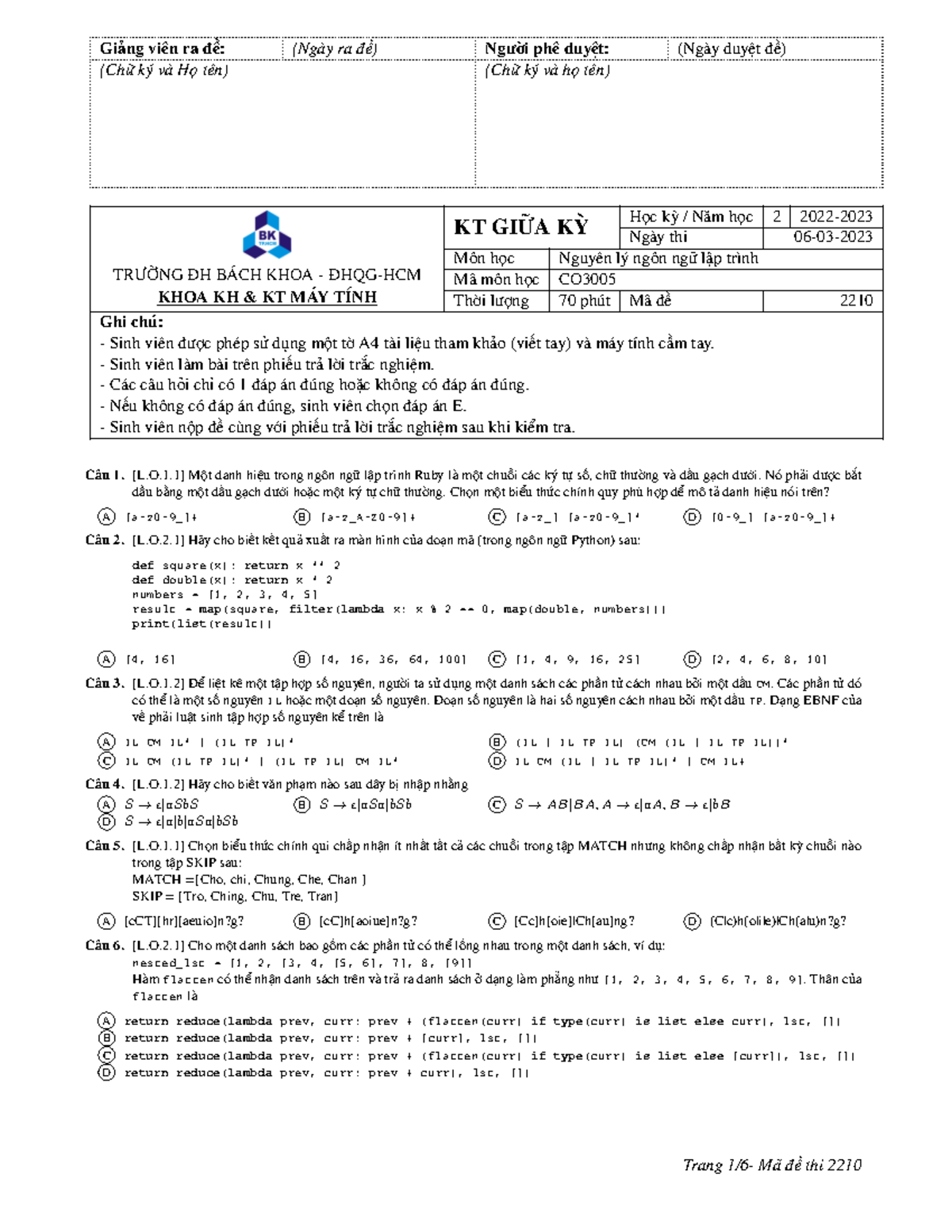 De Thi Giua Ky In Tieng Viet - Gi£ng viên ra∑: (Ngày ra∑) Ng ̃Ìi phê duyªt: (Ngày duyªt∑) (Ch ̇k ...