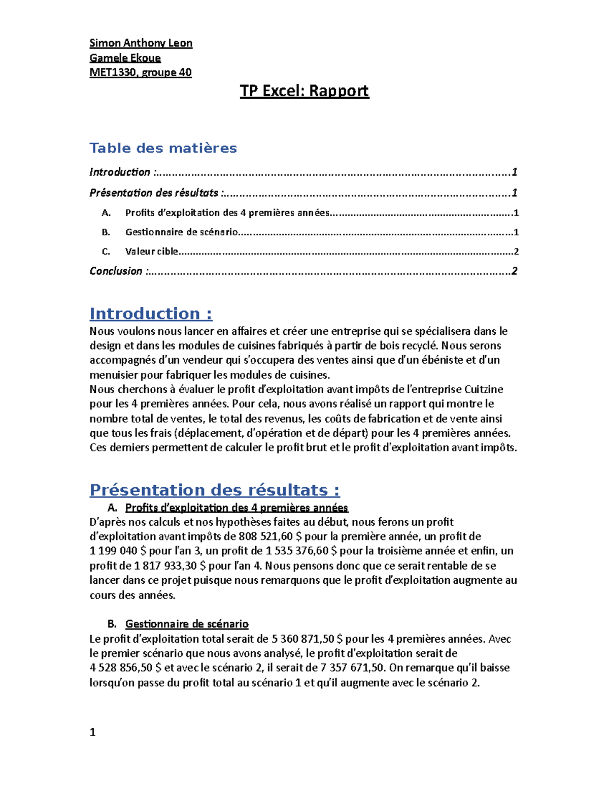 TP Excel rapport - Simon Anthony Leon Gamele Ekoue MET1330, groupe 40 TP Excel: Rapport Table ...
