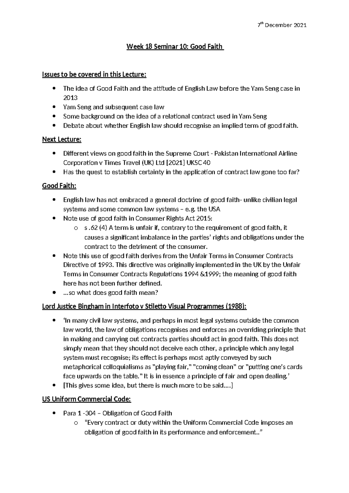 Good Faith Part One - Week 18 Seminar 10: Good Faith Issues to be ...