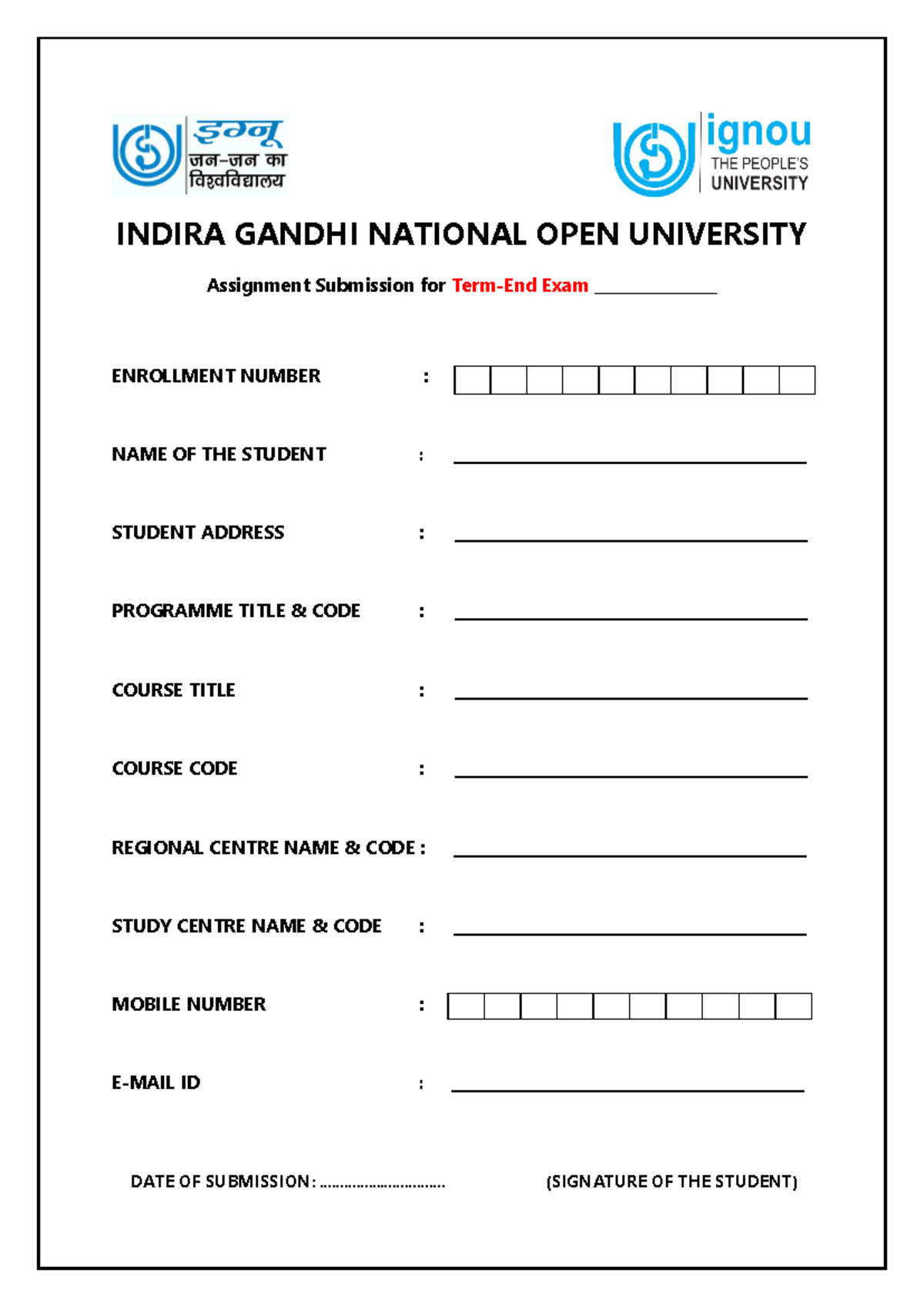 Assignment Front Page Indira Gandhi National Open University Assignment Submission For Term