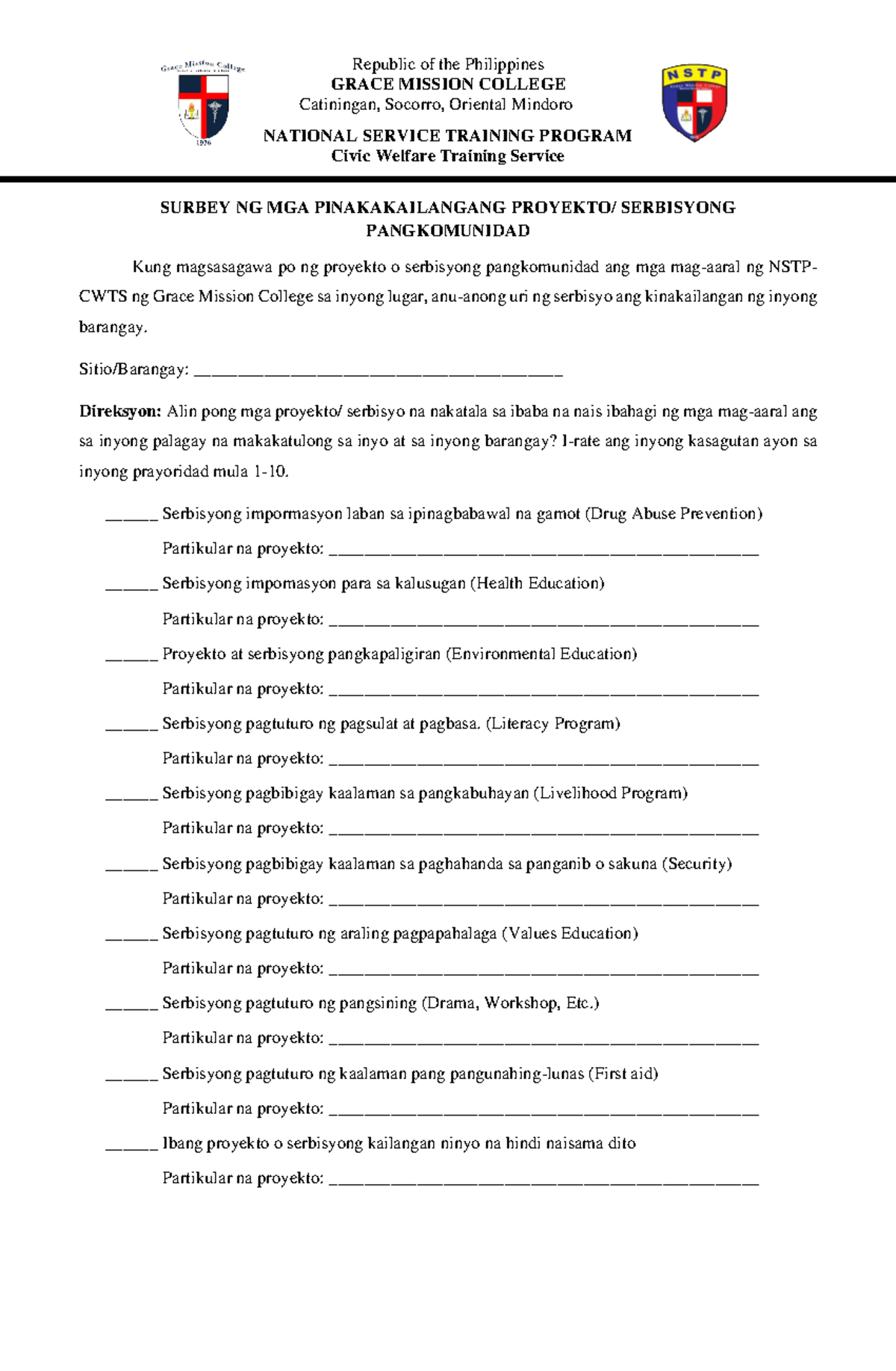 Survey Instrument - Republic of the Philippines GRACE MISSION COLLEGE ...
