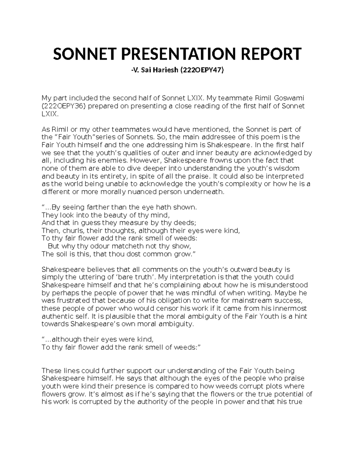 Sonnet Presentation Report - SONNET PRESENTATION REPORT -V. Sai Hariesh ...