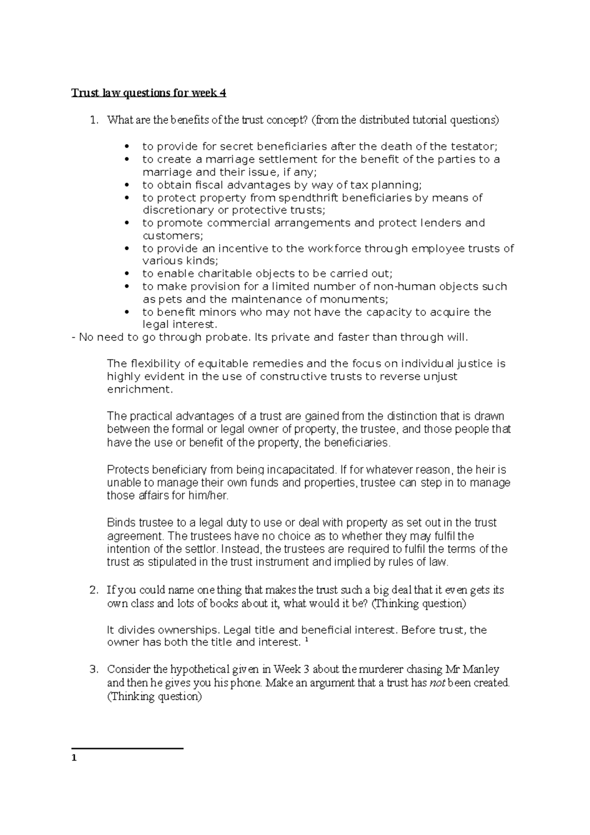 Trust law tutorial - Week 4 Questions - Trust Law - Studocu