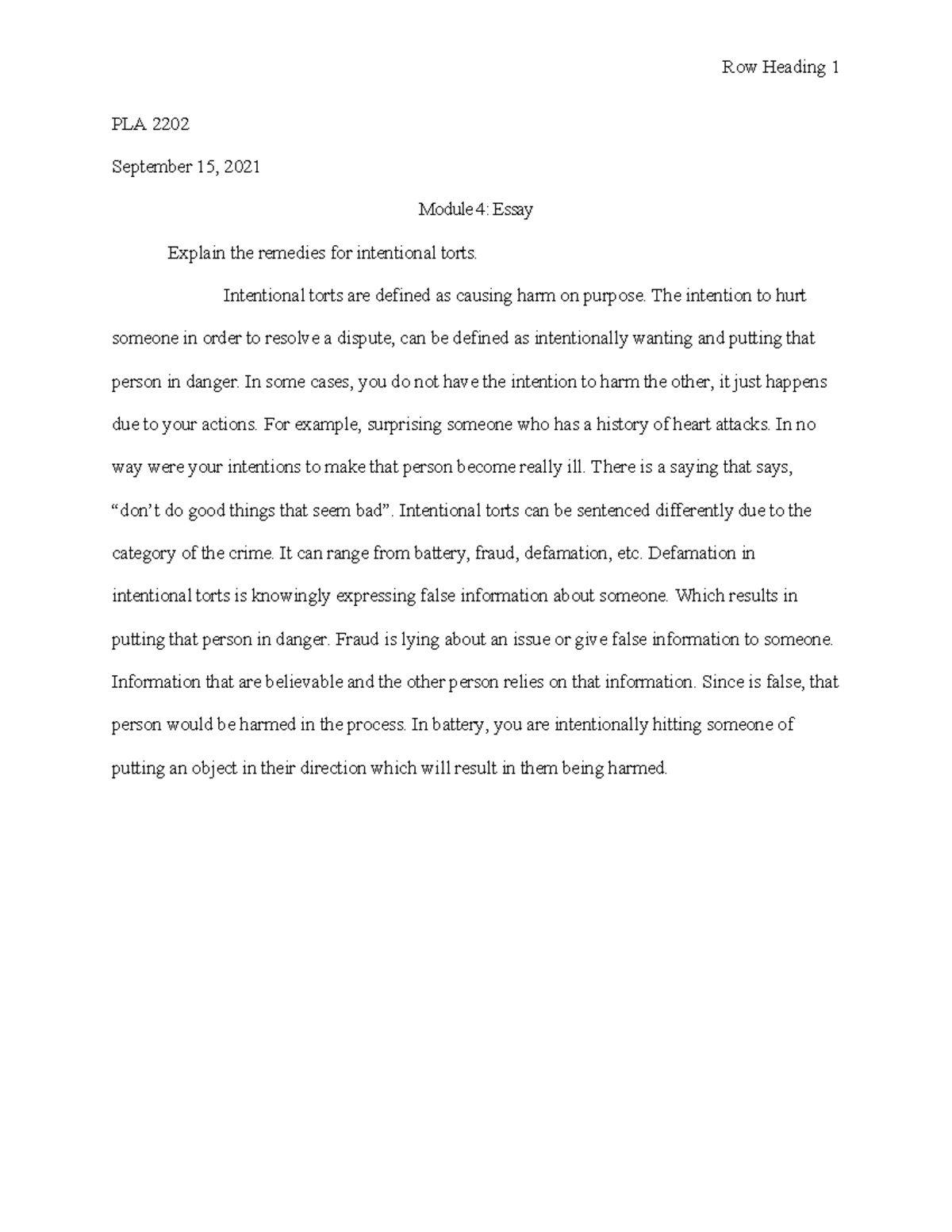 MOD 4 Essay- PLA 2202 - Row Heading 1 PLA 2202 September 15, 2021 ...