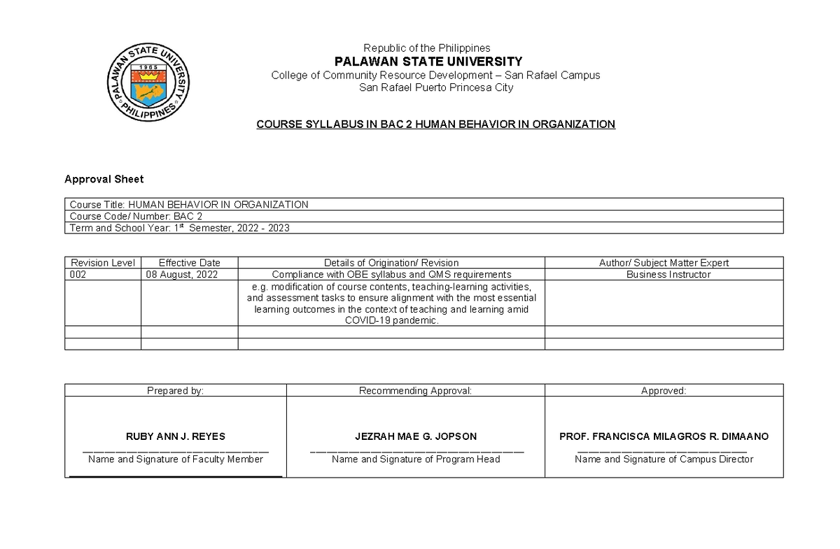 BAC 1 Human Behavior in Organization - PALAWAN STATE UNIVERSITY College ...