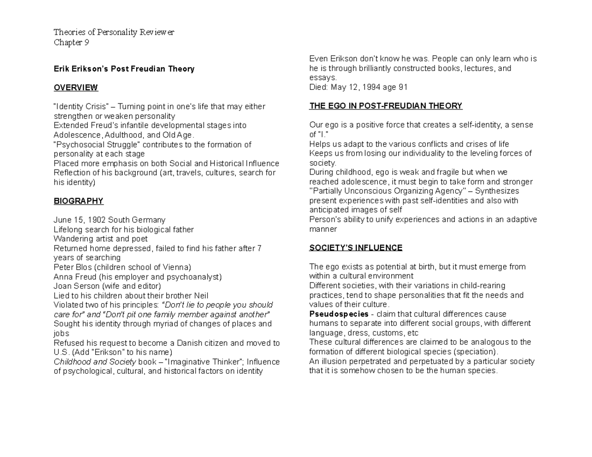 Chapter 9 Erikson Theories of Personality - Chapter 9 Erik Erikson’s ...