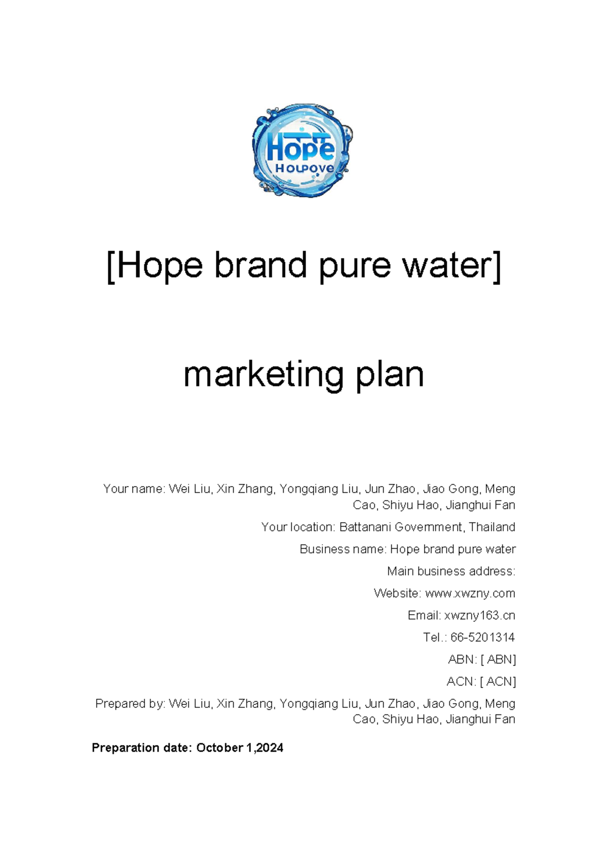 Group 1 Hope brand pure water - [Hope brand pure water] marketing plan ...