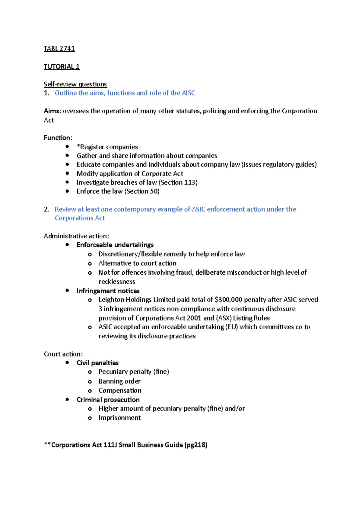 TABL2741 Tutorial - TABL 2741 TUTORIAL 1 Self-review questions 1. Outline the aims, functions ...