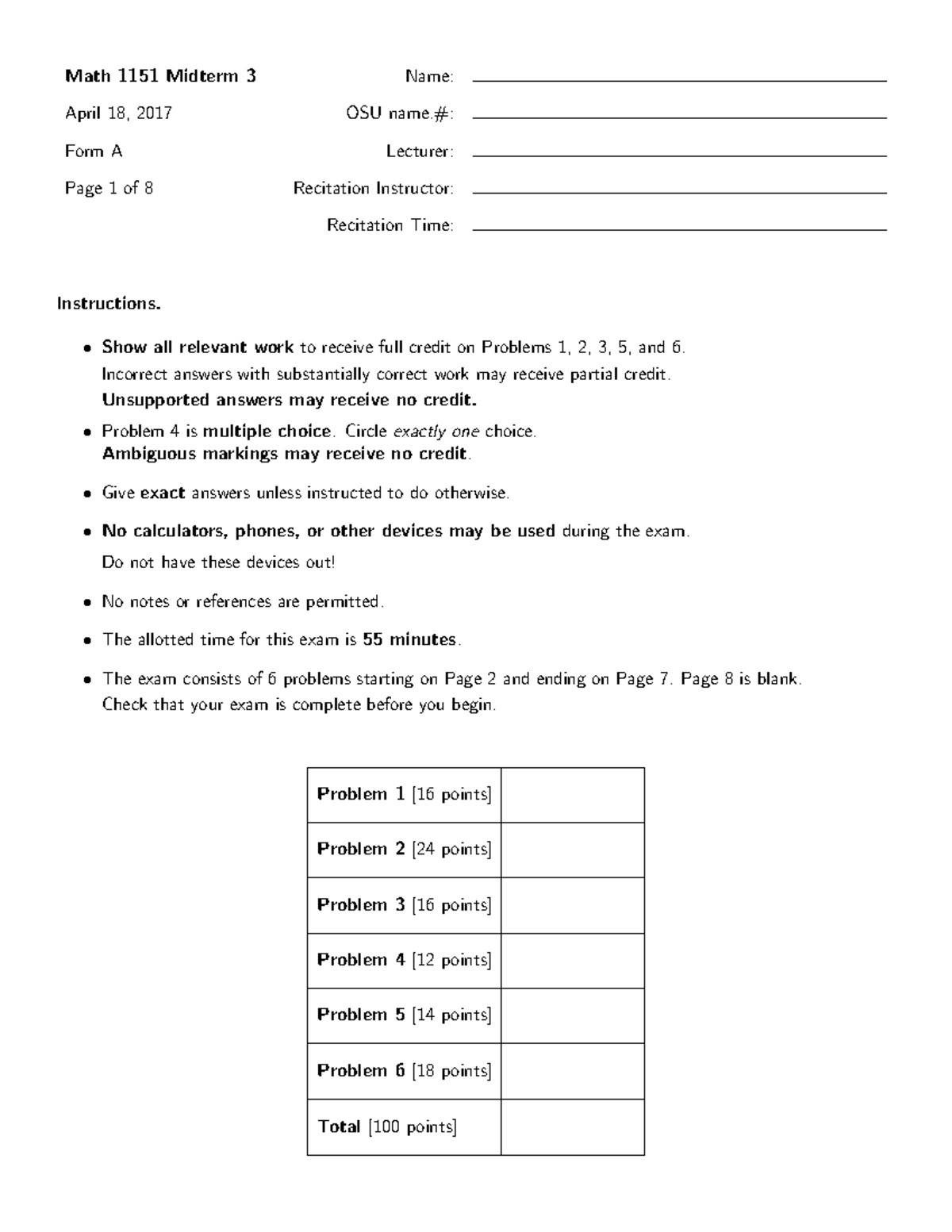 Math 1151 Sample Midterm 3 SP17 - Math 1151 Midterm 3 Name: April 18 ...