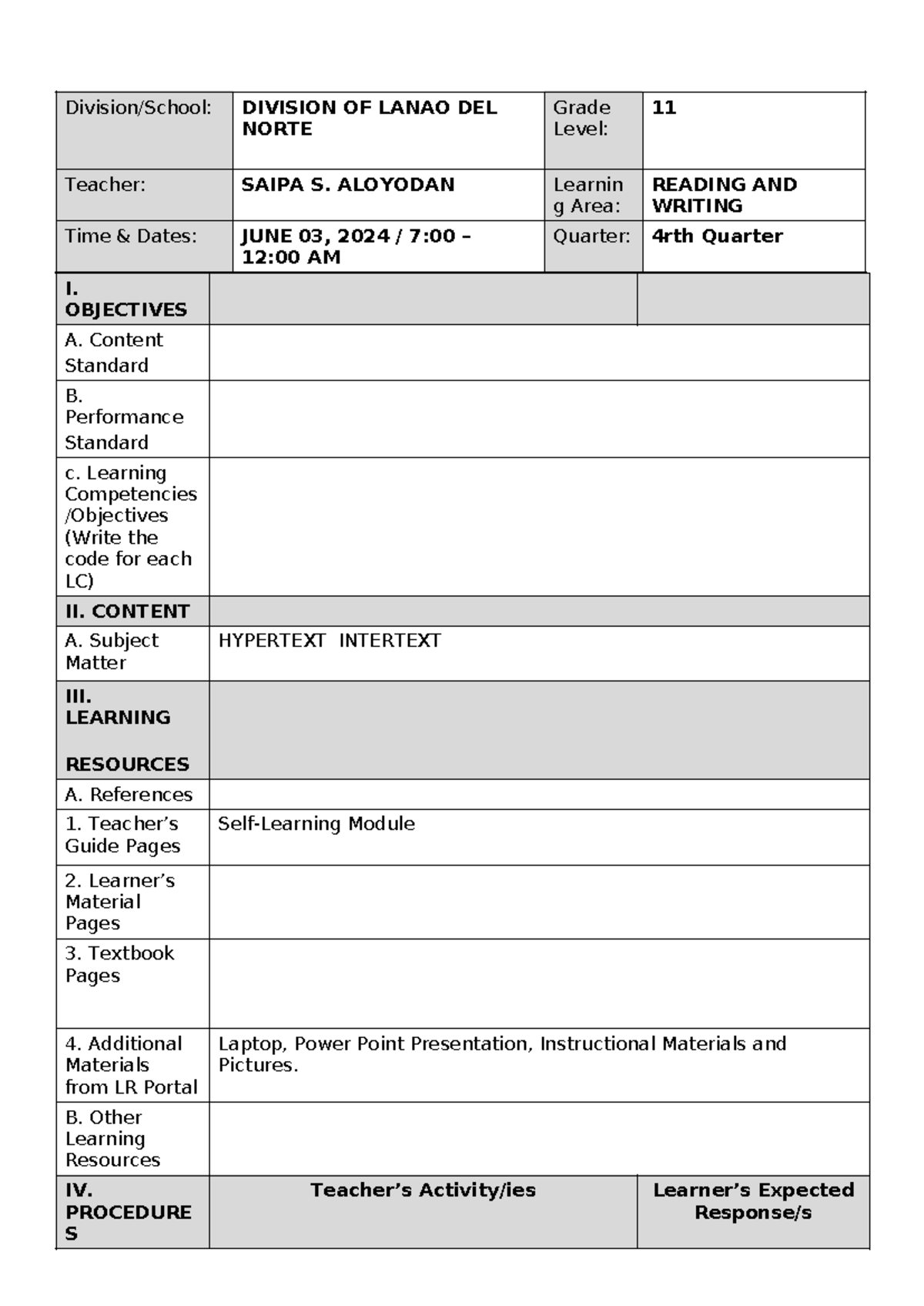 MA'AM S- Grade-11 English DLP Blank - Division/School: DIVISION OF ...