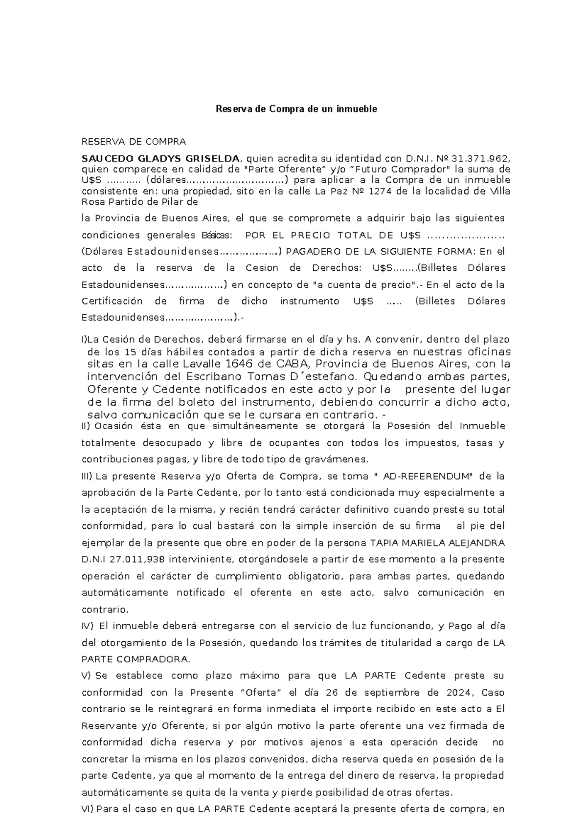 Reserva de compra - N. Nº 31.371, quien comparece en calidad de "Parte ...