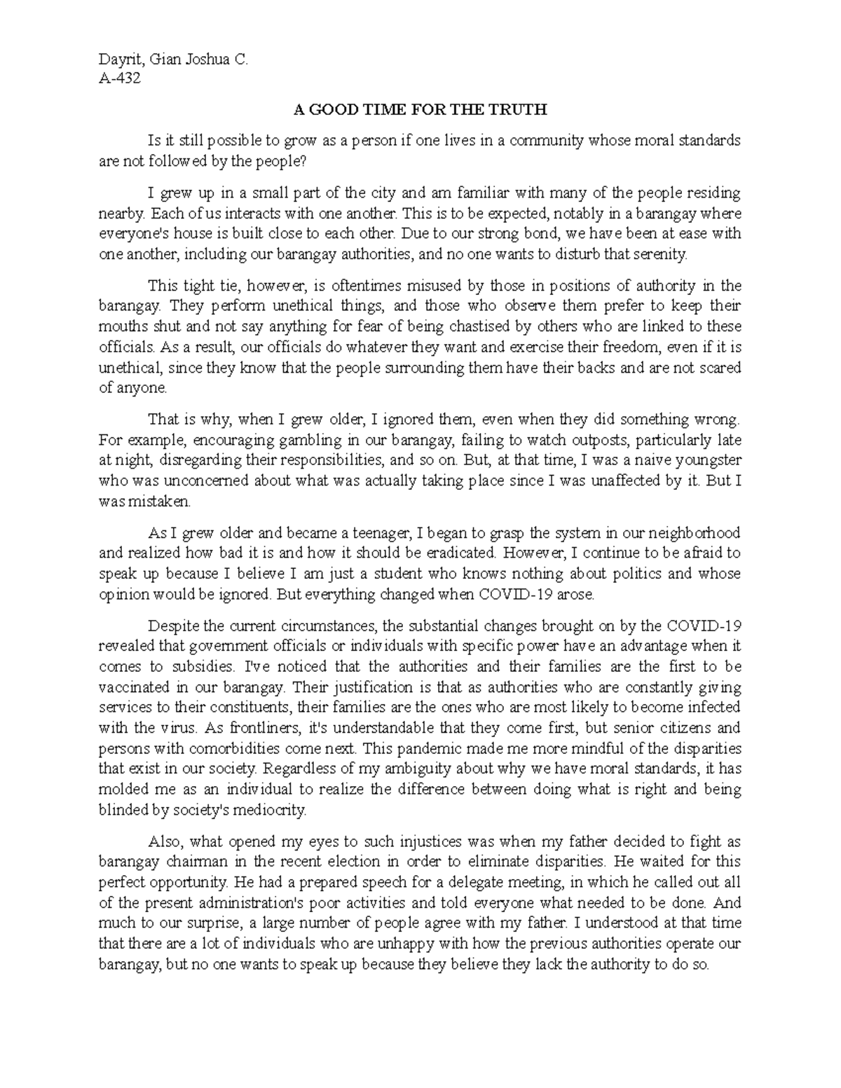 A Good Time For the Truth - Dayrit, Gian Joshua C. A- A GOOD TIME FOR ...