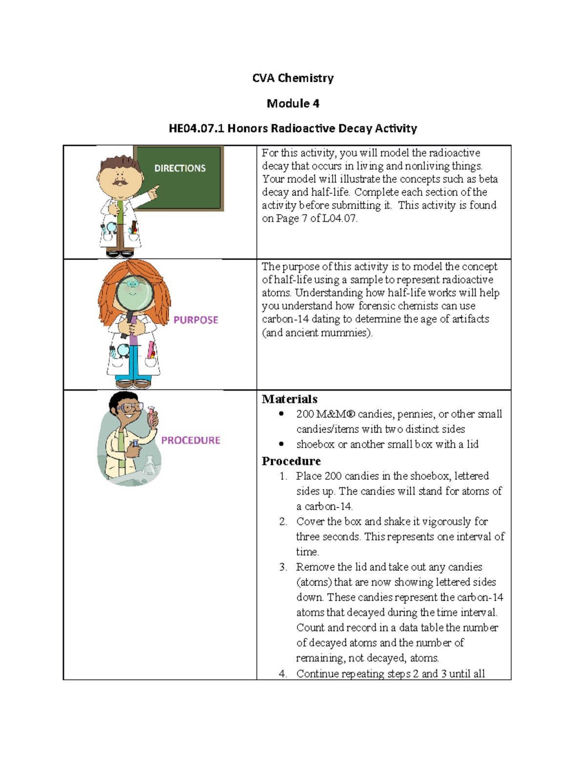 CVA Chemistry Module 4 HE04.07.1 Honors Radioactive Decay Activity ...