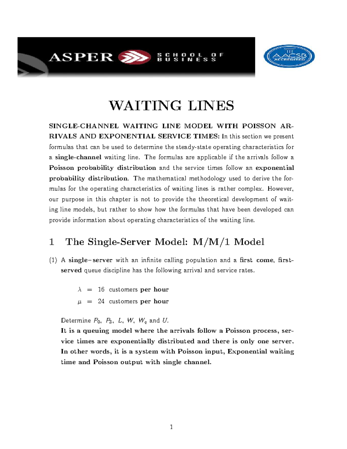 Waiting Lines Sample Questions - WAITING LINES SINGLE-CHANNEL WAITING LINE MODEL WITH POISSON AR ...