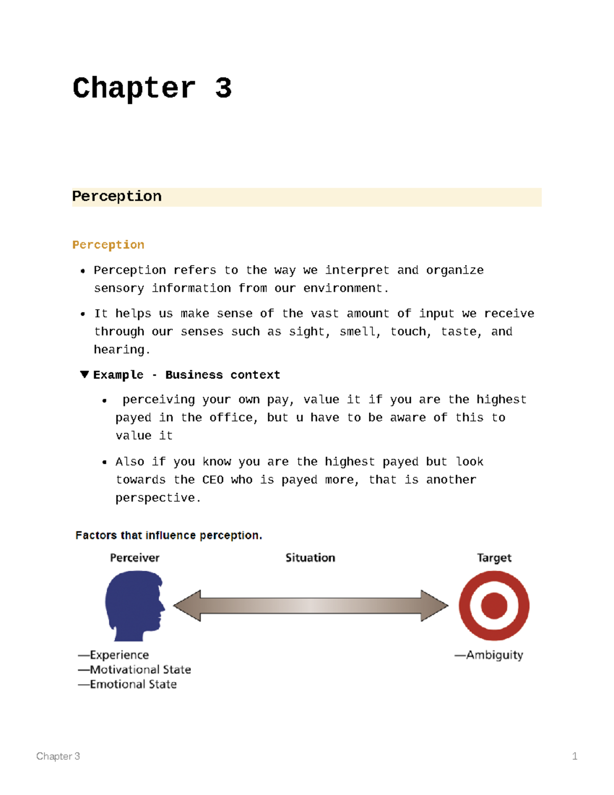 Chapter 3 Textbook Note Summary - Chapter 3 Perception Perception Perception refers to the way ...