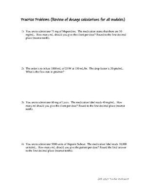 Pediatric Calculation worksheet - NSG 3300 Dosage Calculation by Weight ...
