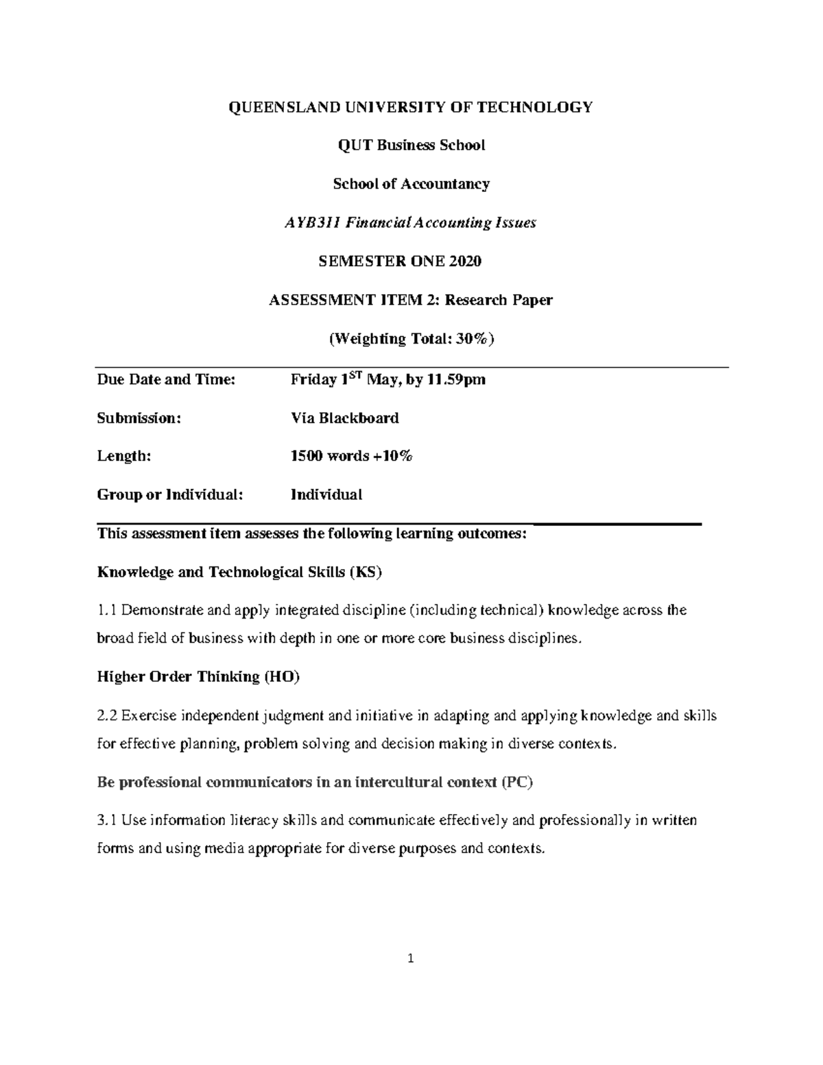 AYB311 Assignment instructions - QUEENSLAND UNIVERSITY OF TECHNOLOGY ...