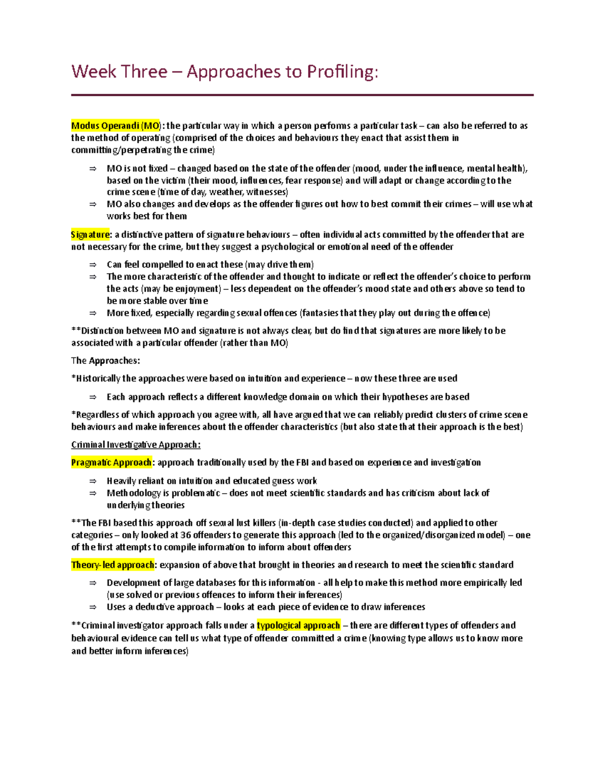 Week 3 notes - Prof: Dr Vettor - Week Three – Approaches to Profiling ...