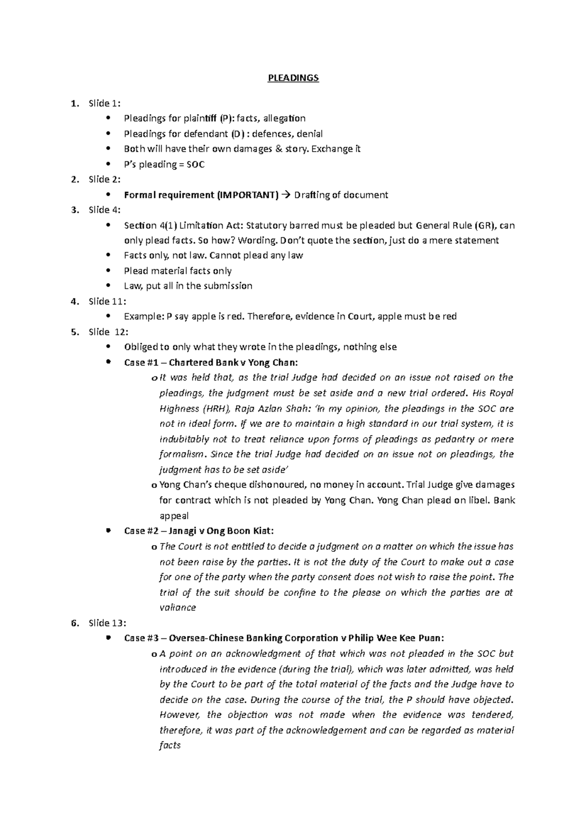 01. Pleadings - PLEADINGS 1. Slide 1: Pleadings for plainif (P): facts ...