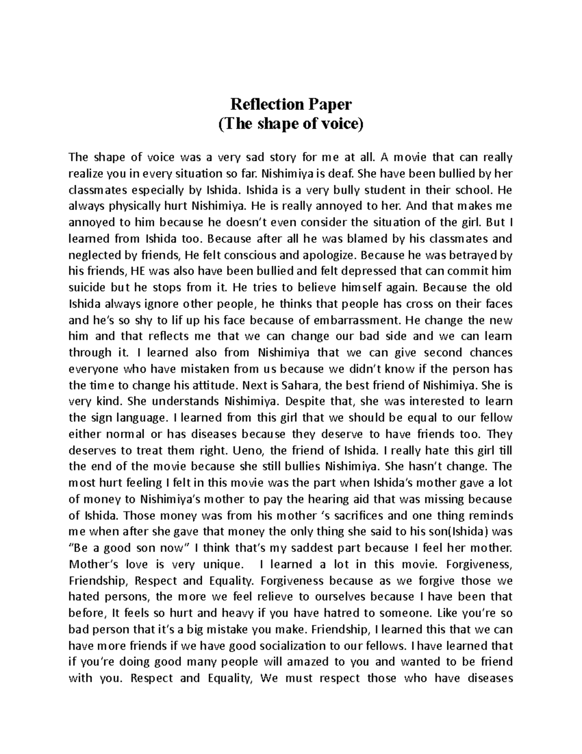 Reflection movie - Reflection Paper (The shape of voice) The shape of ...