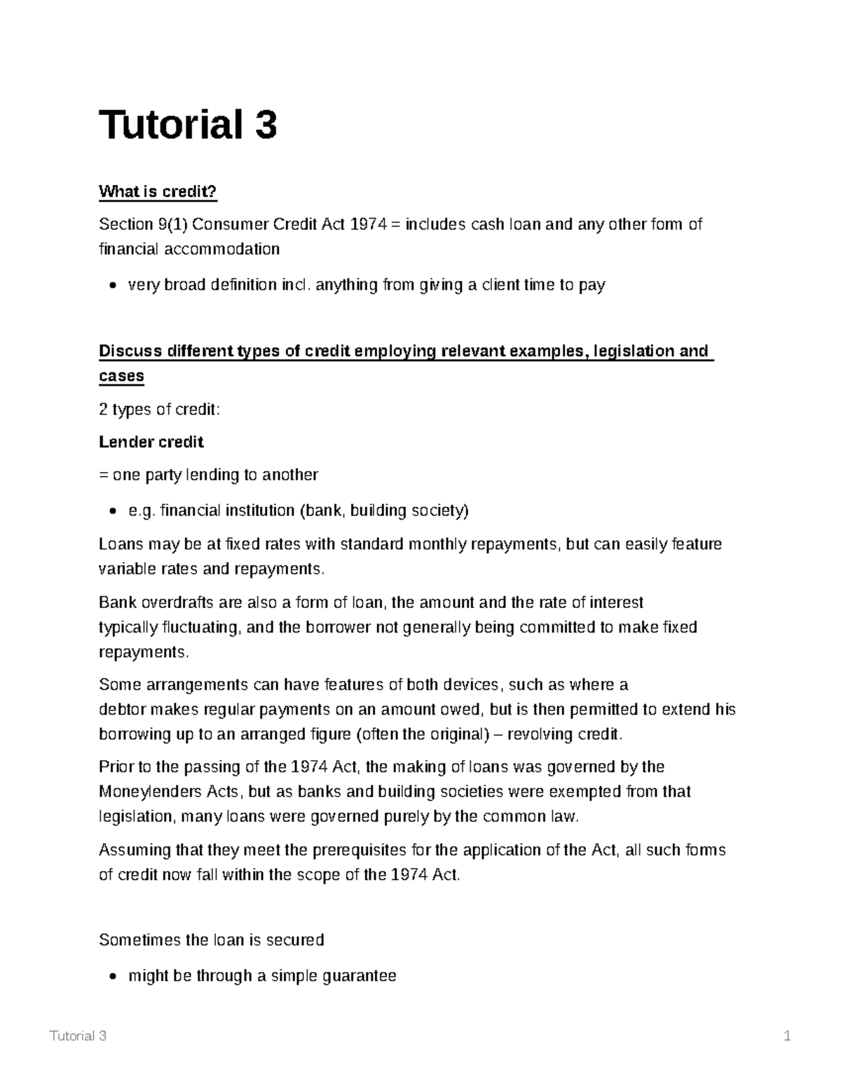Tutorial 3 - Consumer credit - Tutorial 3 What is credit? Section 9(1 ...