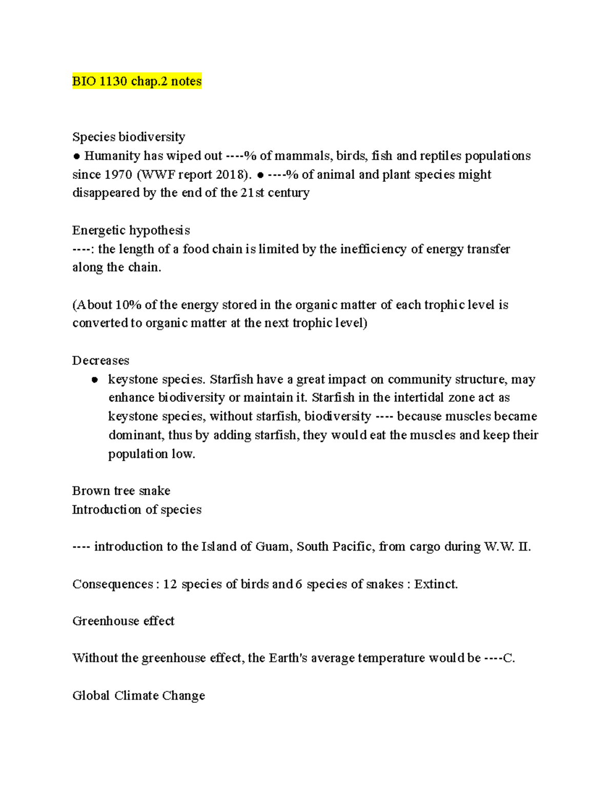 BIO 1130 chap.2 notes - BIO 1130 chap notes Species biodiversity ...