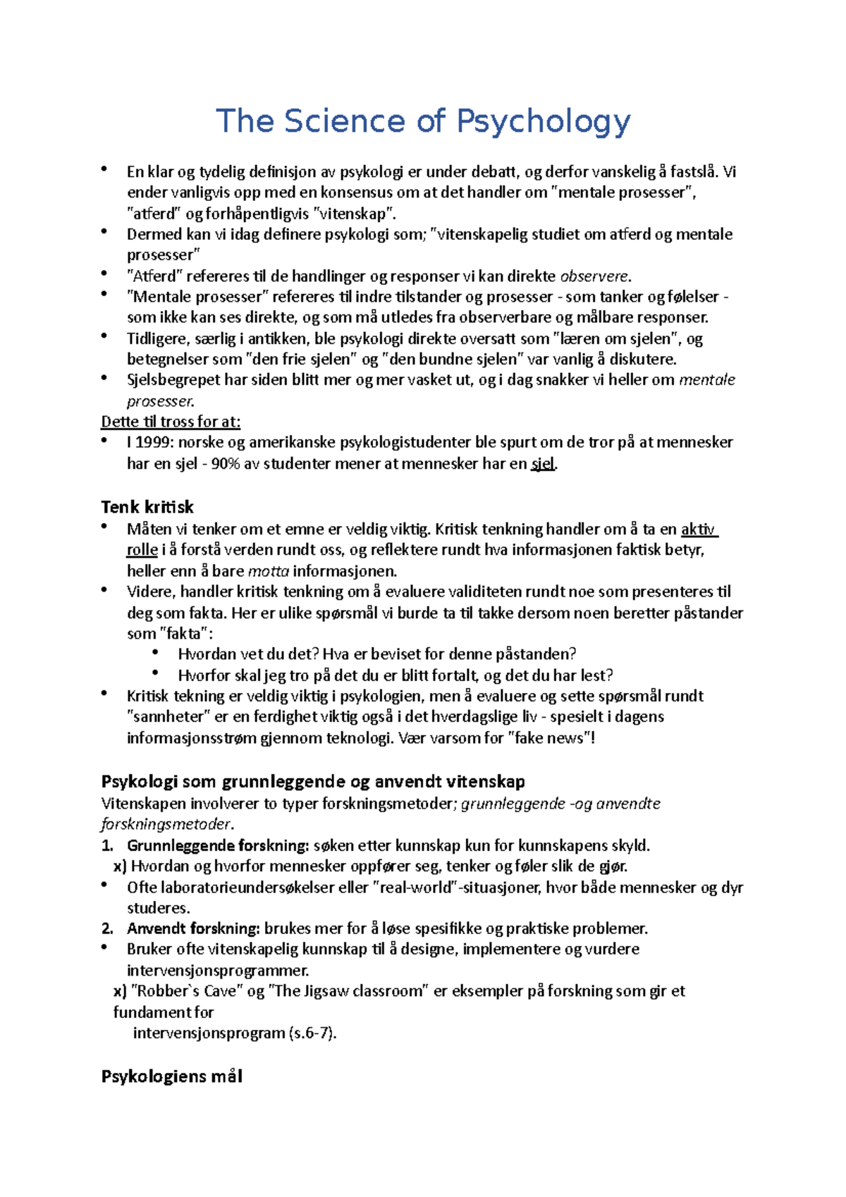 Kapittel 1 - PSY1005 Psykologiens Historie - The Science of Psychology En klar og tydelig - Studocu