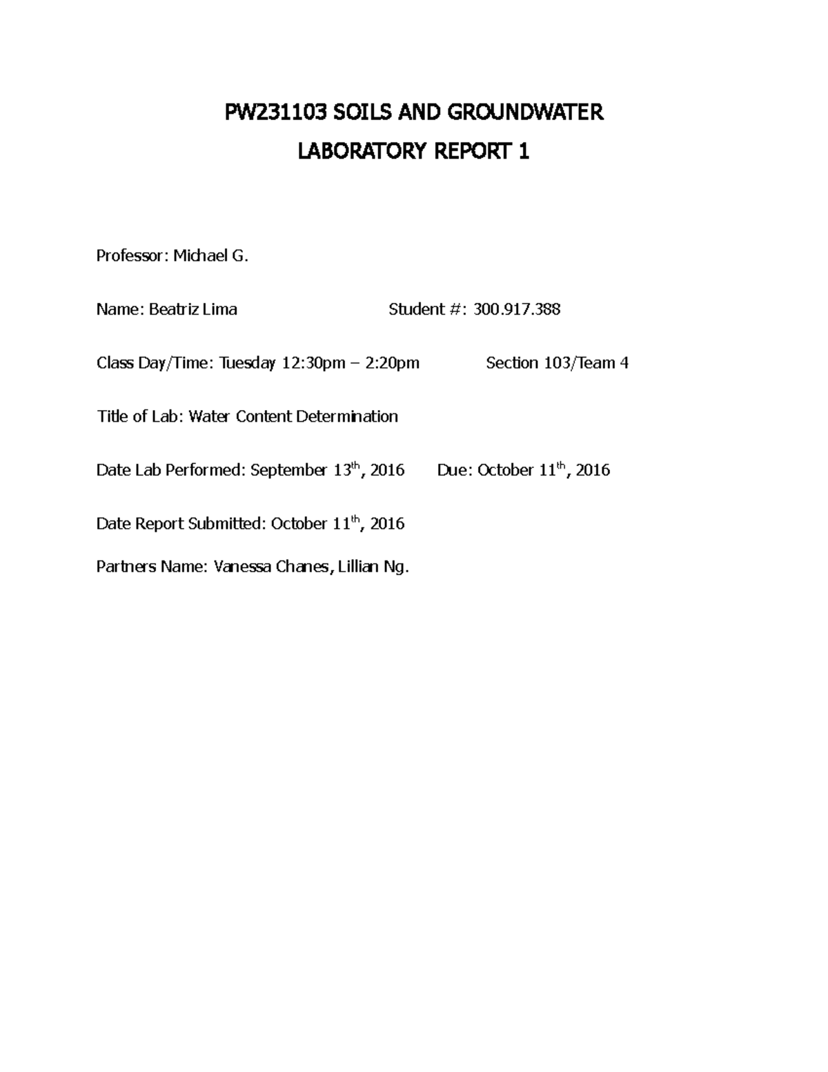 LAB Report 1 - PW231103 SOILS AND GROUNDWATER LABORATORY REPORT 1 ...