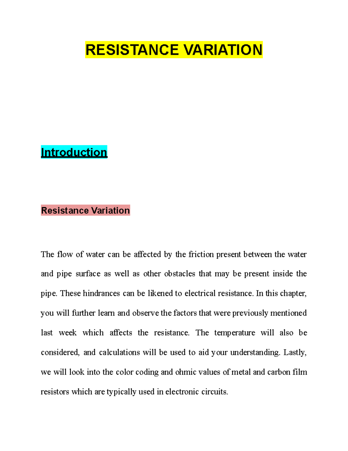 Resistance Variation - RESISTANCE VARIATION Introduction Resistance ...