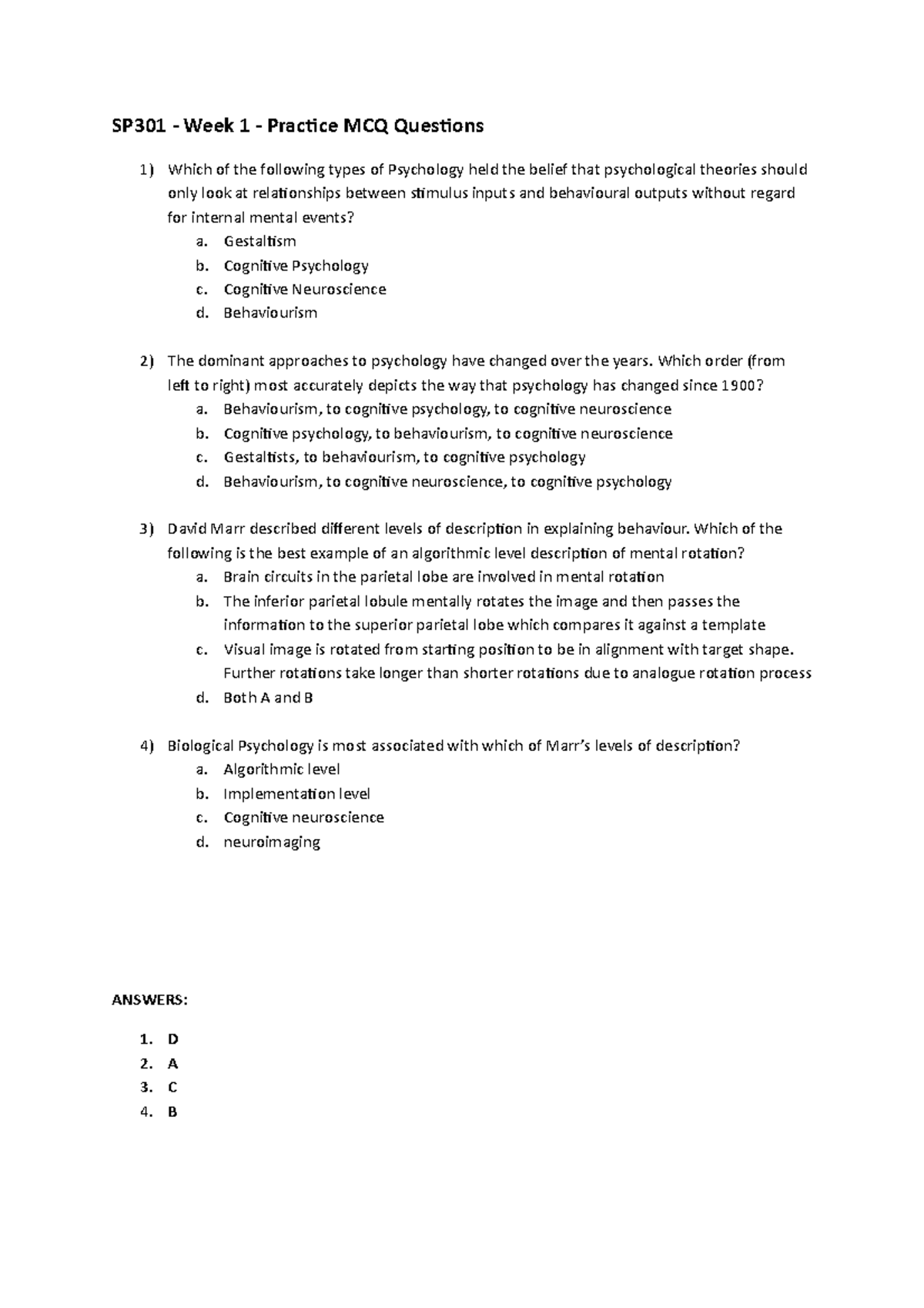 Practice MCQ Questions - Week 1 - SP301 - Week 1 - Pracice MCQ Quesions ...