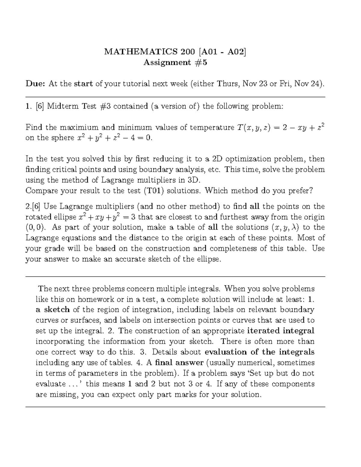 Math 200 - Assignment 5 - MATHEMATICS 200 [A01 - A02] Assignment #5 Due ...