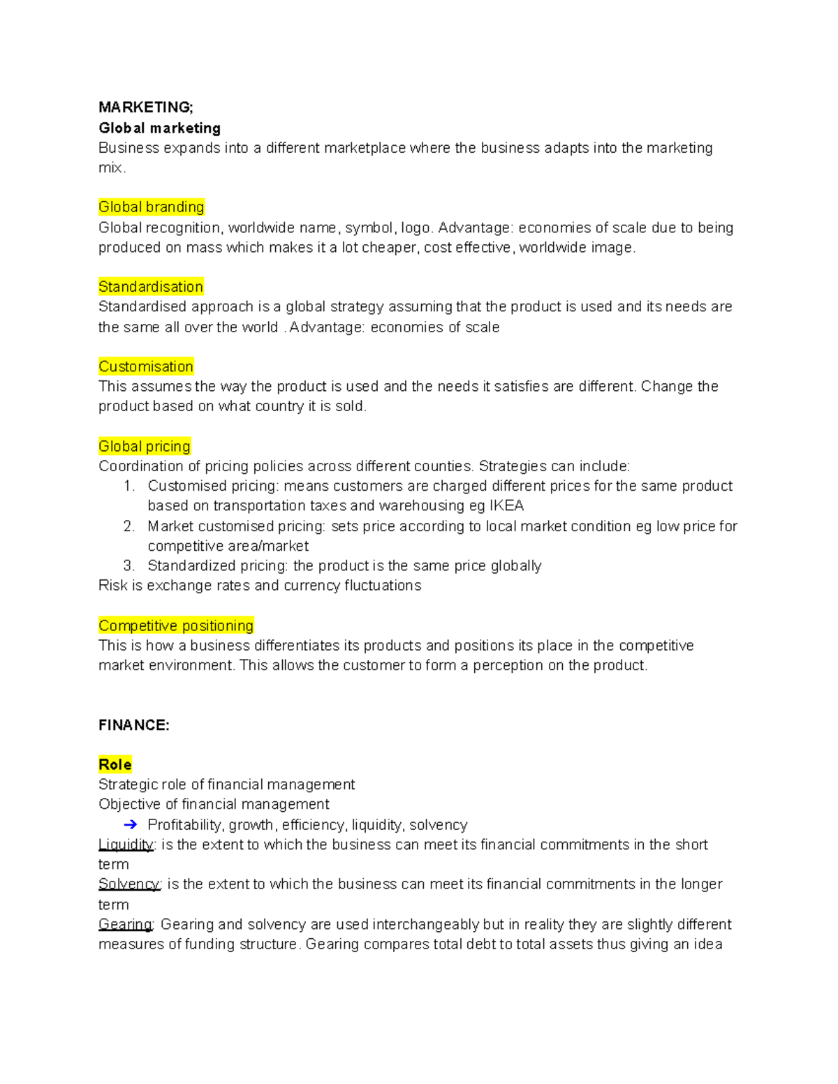 Business Studies Marketing and Finance Notes - Studocu