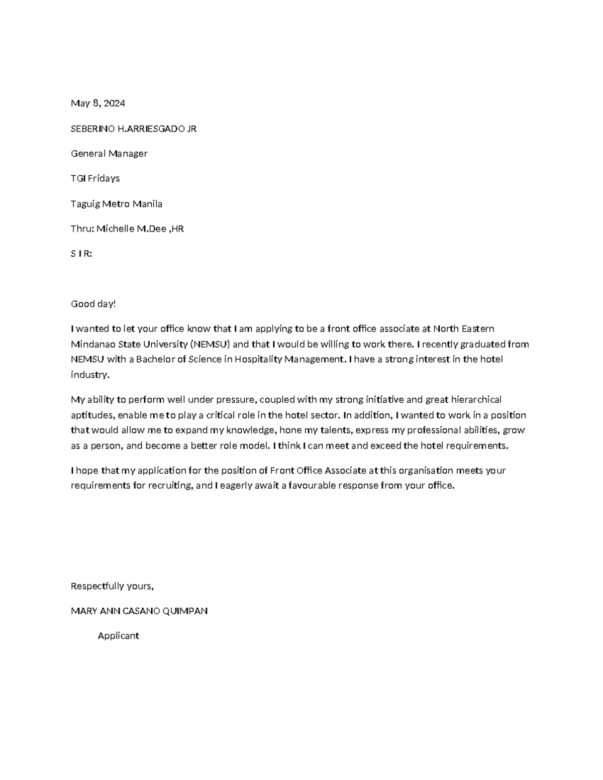 Application letter - May 8, 2024 SEBERINO H JR General Manager TGI ...
