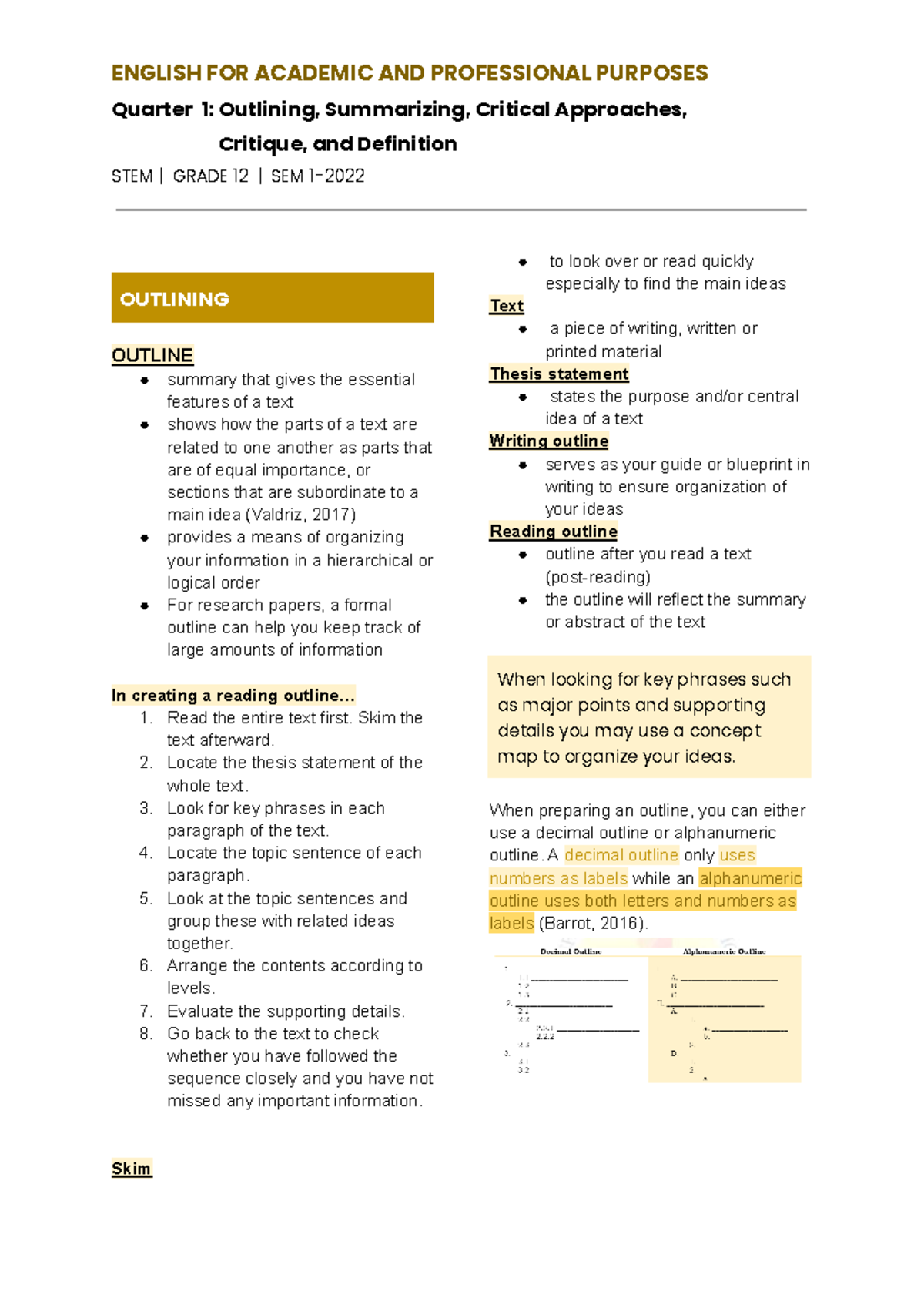 EAPP- Reviewer - Quarter 1: Outlining, Summarizing, Critical Approaches ...