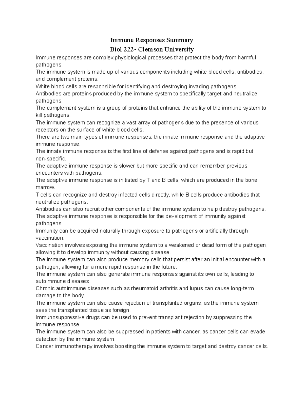Immune Responses Summary - The immune system is made up of various ...
