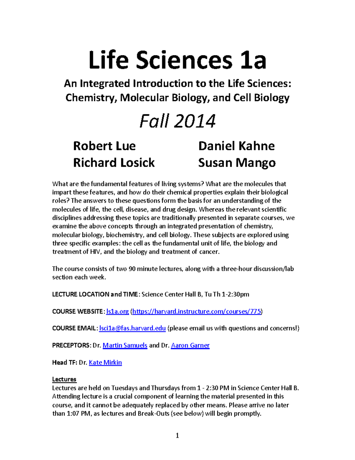 LS1a Course Info F2014 - Life Sciences 1a An Integrated Introduction to ...