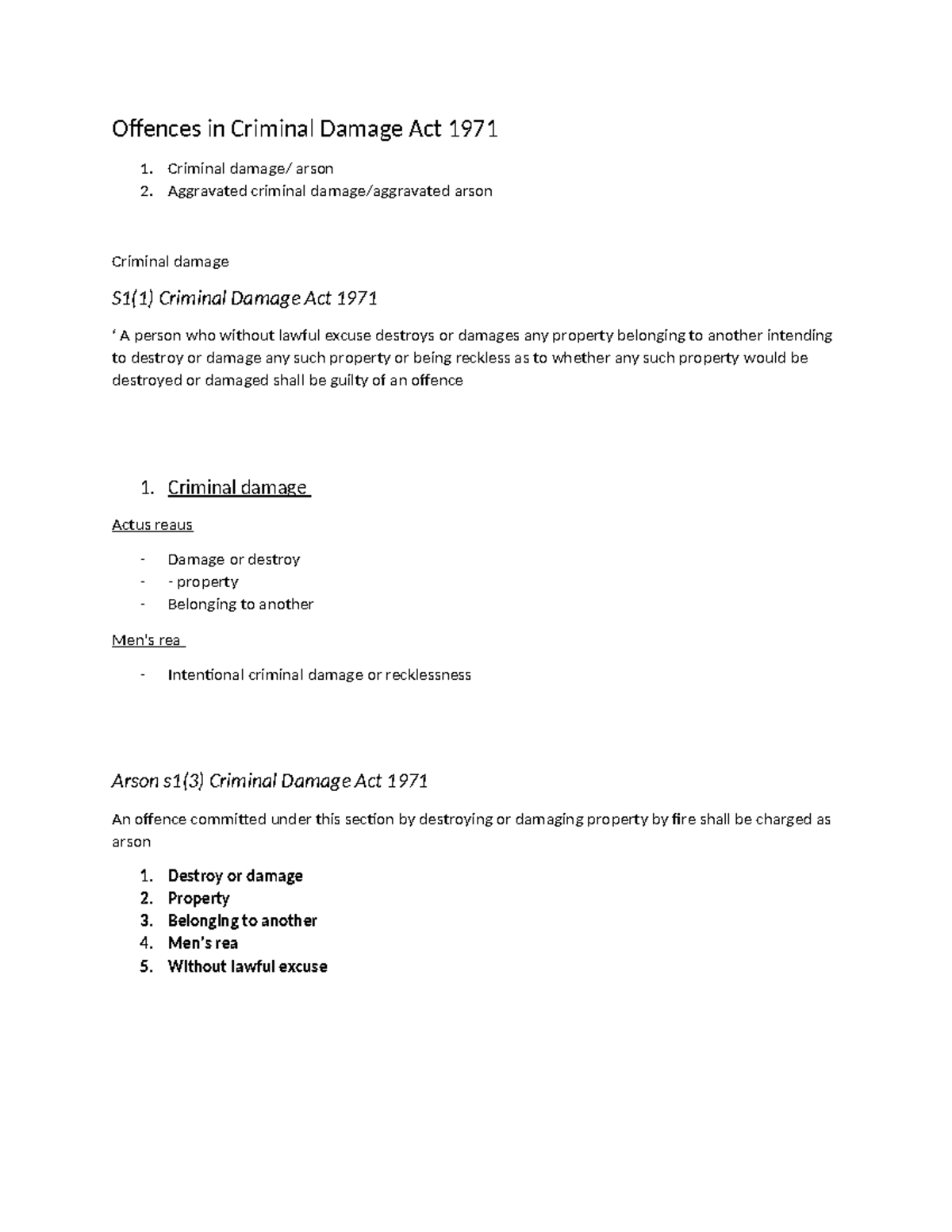 Notes- criminal damage - Offences in Criminal Damage Act 1971 1 ...
