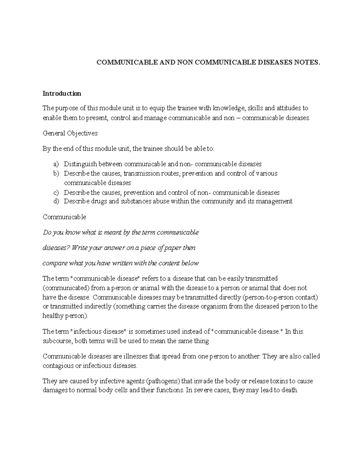 Communicable AND NON Communicable Diseases Notes copy - COMMUNICABLE ...