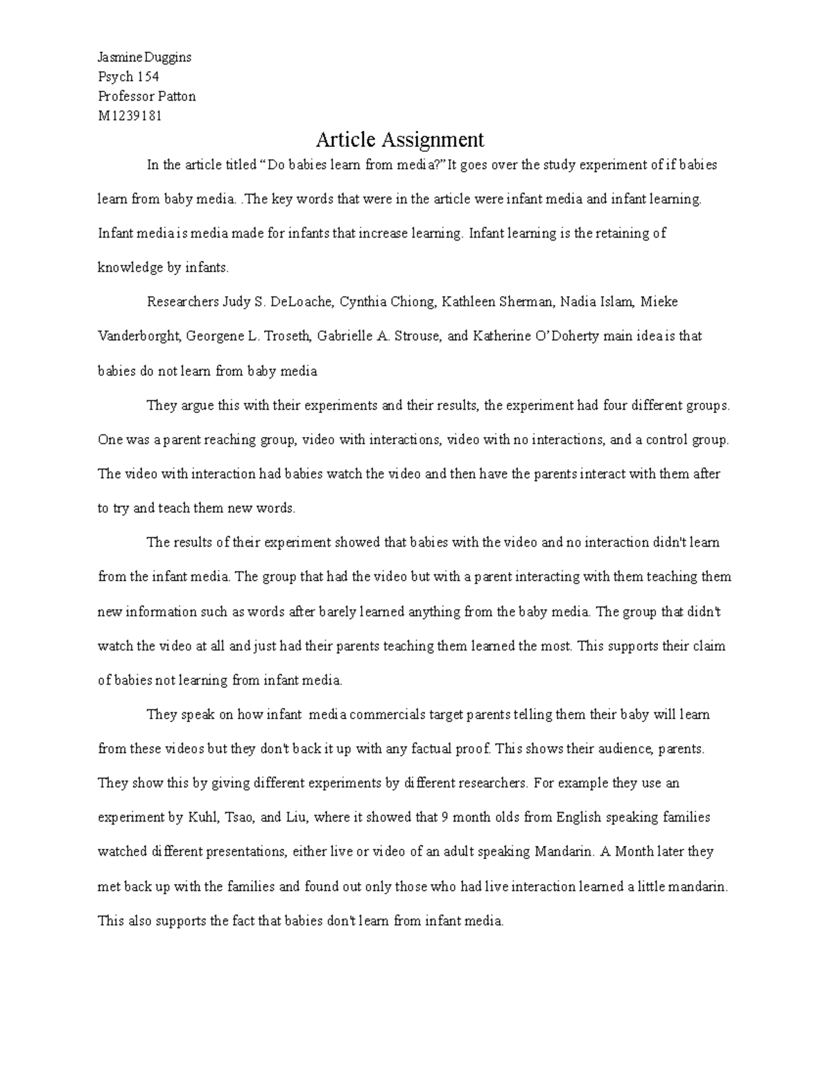 Article Assigment - Jasmine Duggins Psych 154 Professor Patton M ...