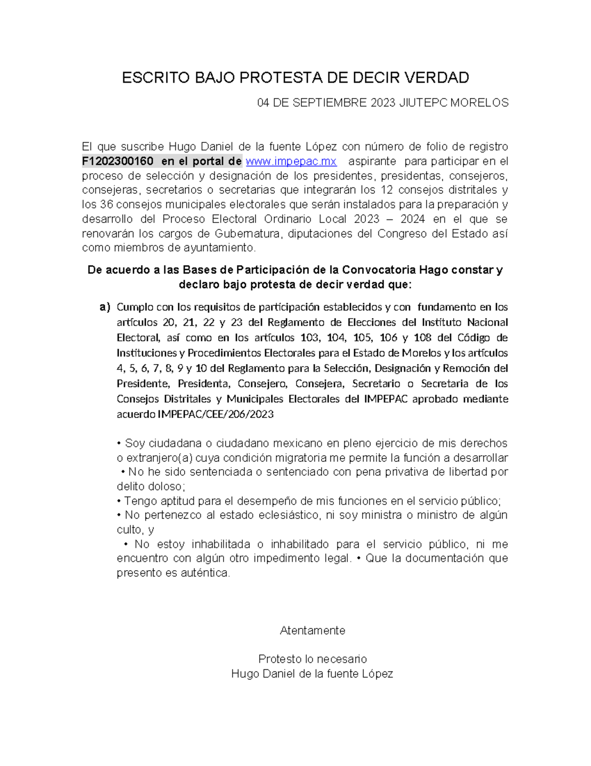 Escrito BAJO Protesta DE Decir Verdad - ESCRITO BAJO PROTESTA DE DECIR ...
