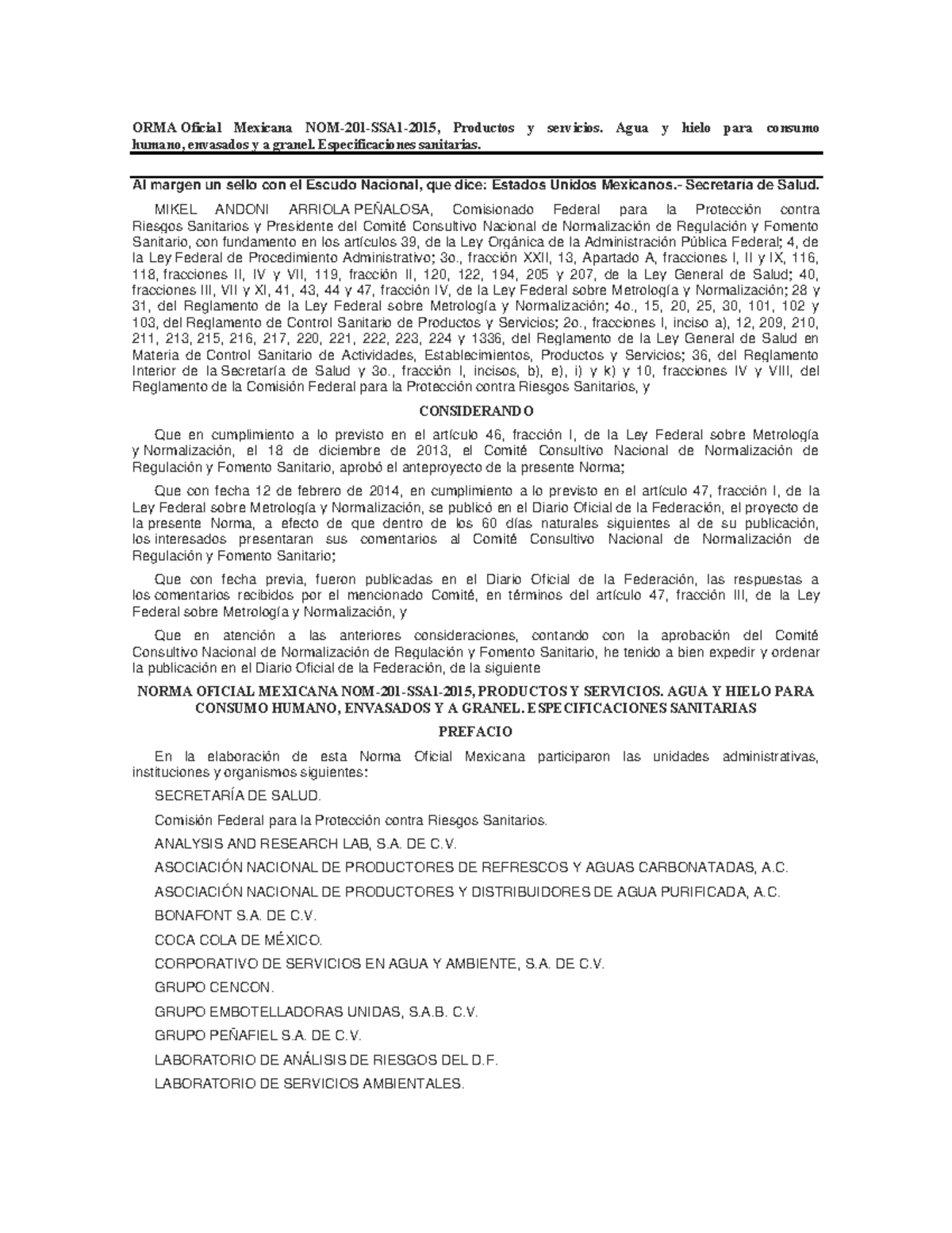 NOM 201 SSA1 2002 - Norma oficial 201 - ORMA Oficial Mexicana NOM-201-SSA1-2015, Productos y ...